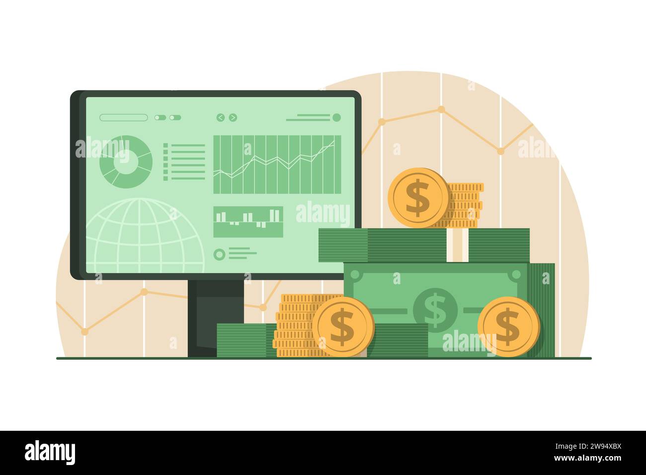 Pile of Cash Money and Computer Screen Monitor with Trading Graph for ...