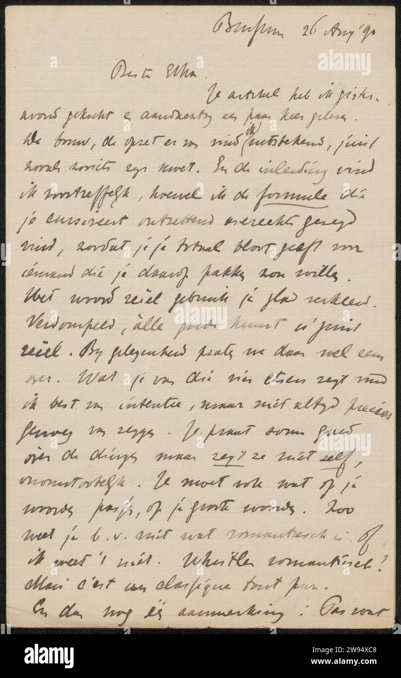 Letter to Etha Fles, Jan Veth, 1890 letter Bussum paper. ink writing ...