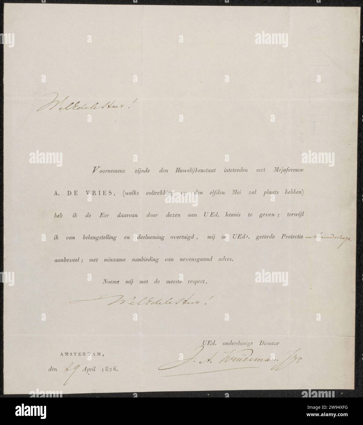 Marriage announcement to Anonymous, Anonymous, 1826 Amsterdam paper ...