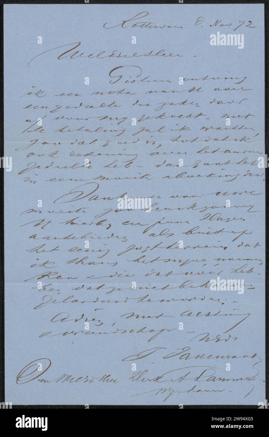 Letter to Ary Johannes Lamme, Johannes Tavenraat, 1872 letter Rotterdam paper. ink writing ...