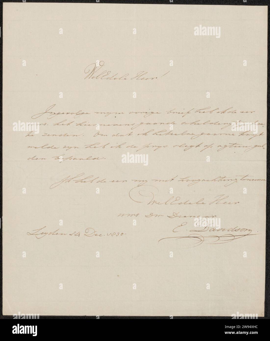 Letter to Anonymous, Ezekiel Davidson, 1830 letter Leiden paper. ink ...