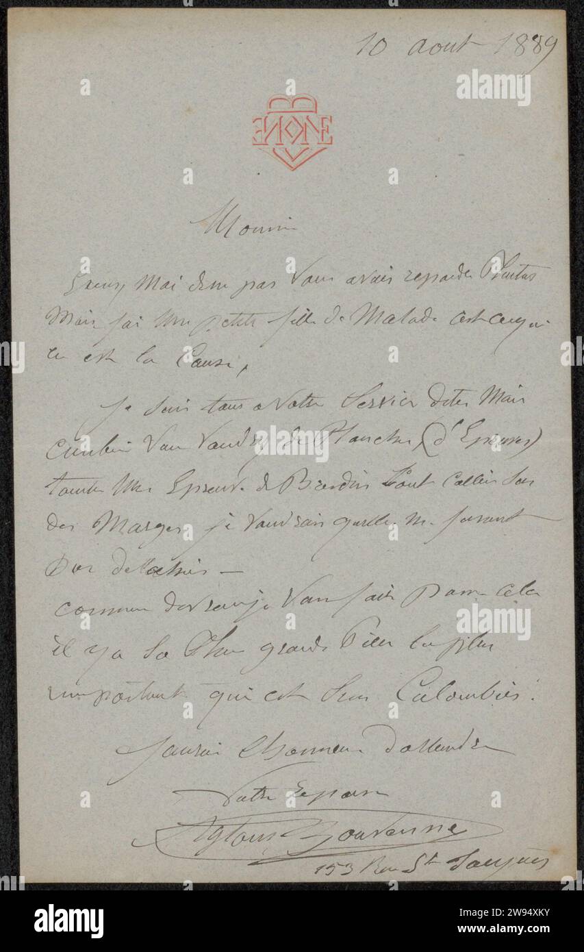 Letter to Philip Zilcken, 1889 letter Paris paper. ink writing ...