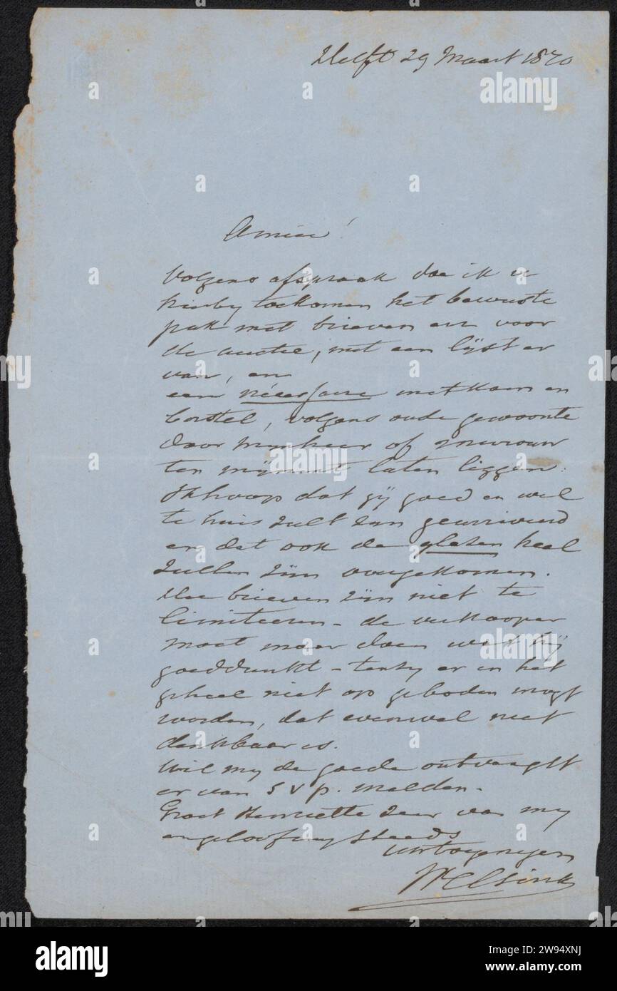 Letter to Anonymous, Hermanus Welsink, 1870 letter Delft paper. ink ...