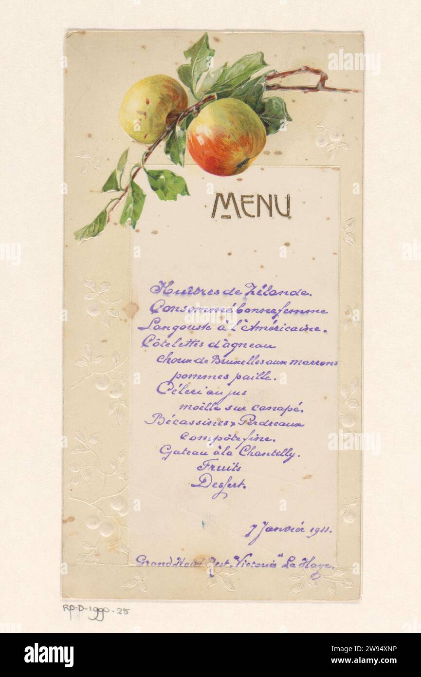 Menu for a dinner on January 7, 1911 in Grand Hotel Restaurant ...