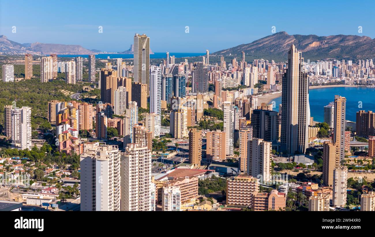 Aerial drone view of the skyline of Benidorm. Benidorm is a coastal ...