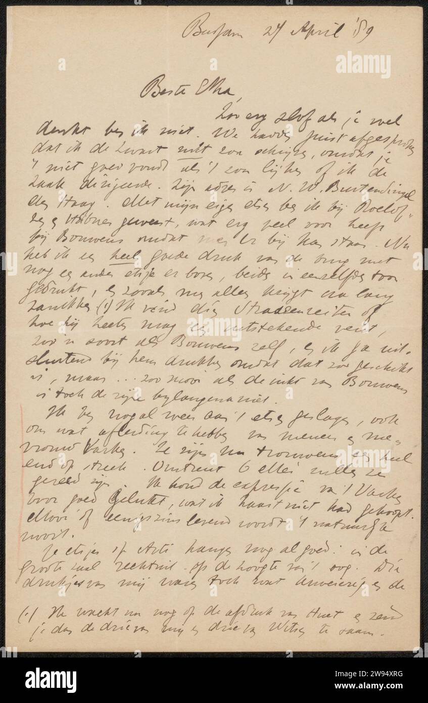 Letter to Etha Fles, Jan Veth, 1889 letter Bussum paper. ink writing ...
