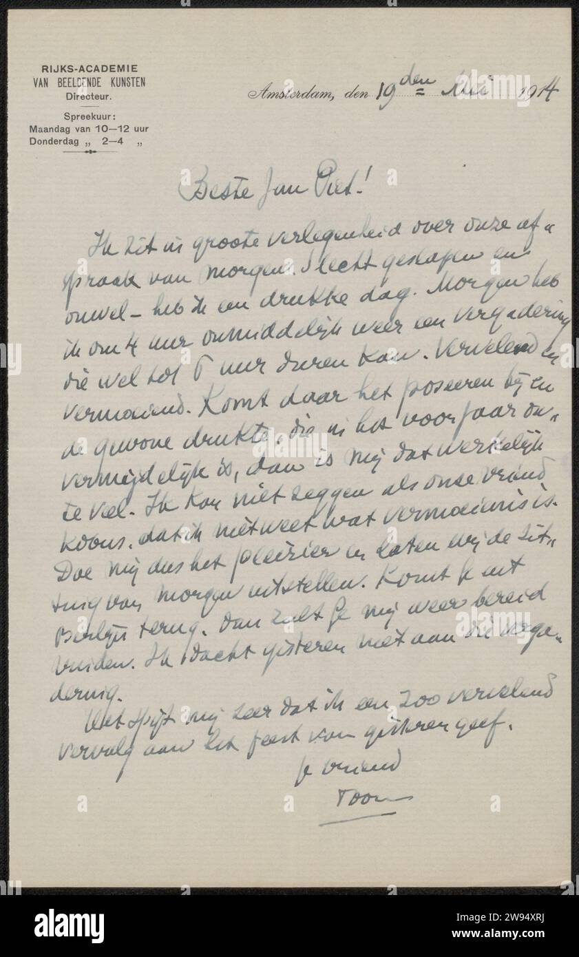 Letter to Jan Veth, Rijksakademie van Visual Arts, 1914 letter ...
