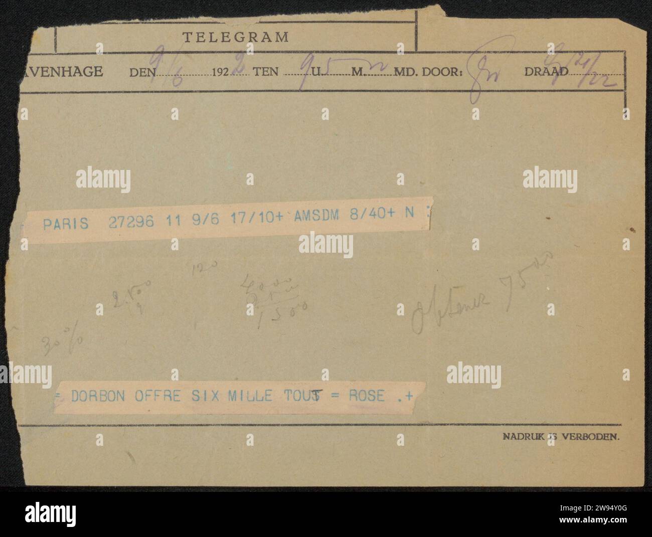 Telegram to Philip Zilcken, 1922 Paris paper. pencil writing (processes ...