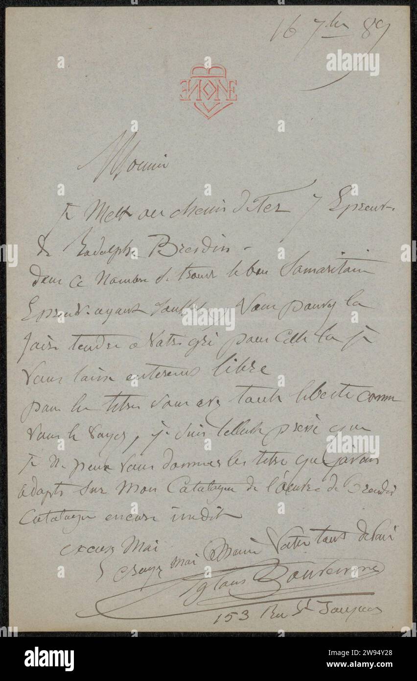 Letter to Philip Zilcken, 1889 letter Paris paper. ink writing ...