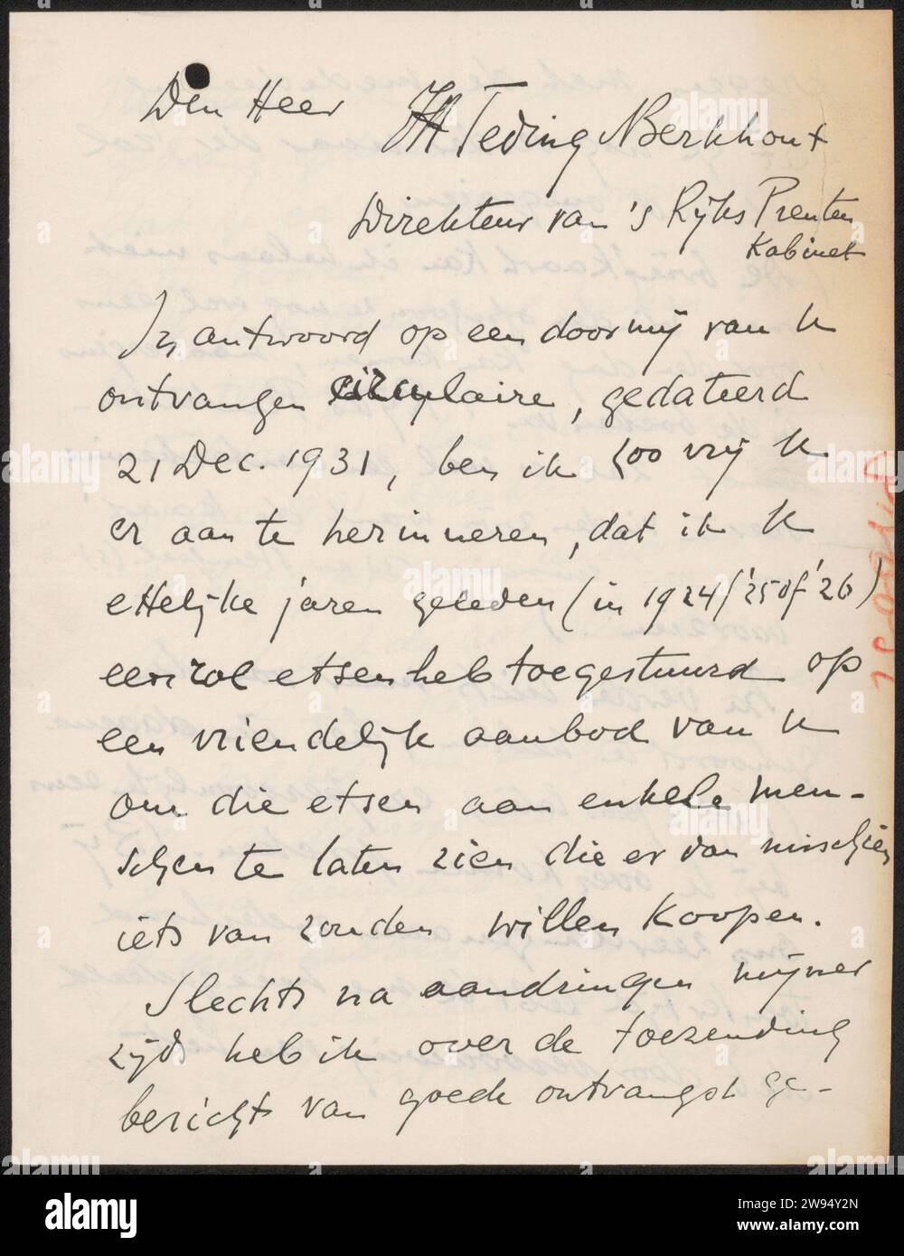 Letter to Jonkheer Hendrik Teding van Berkhout (1879-1969), Johannes ...