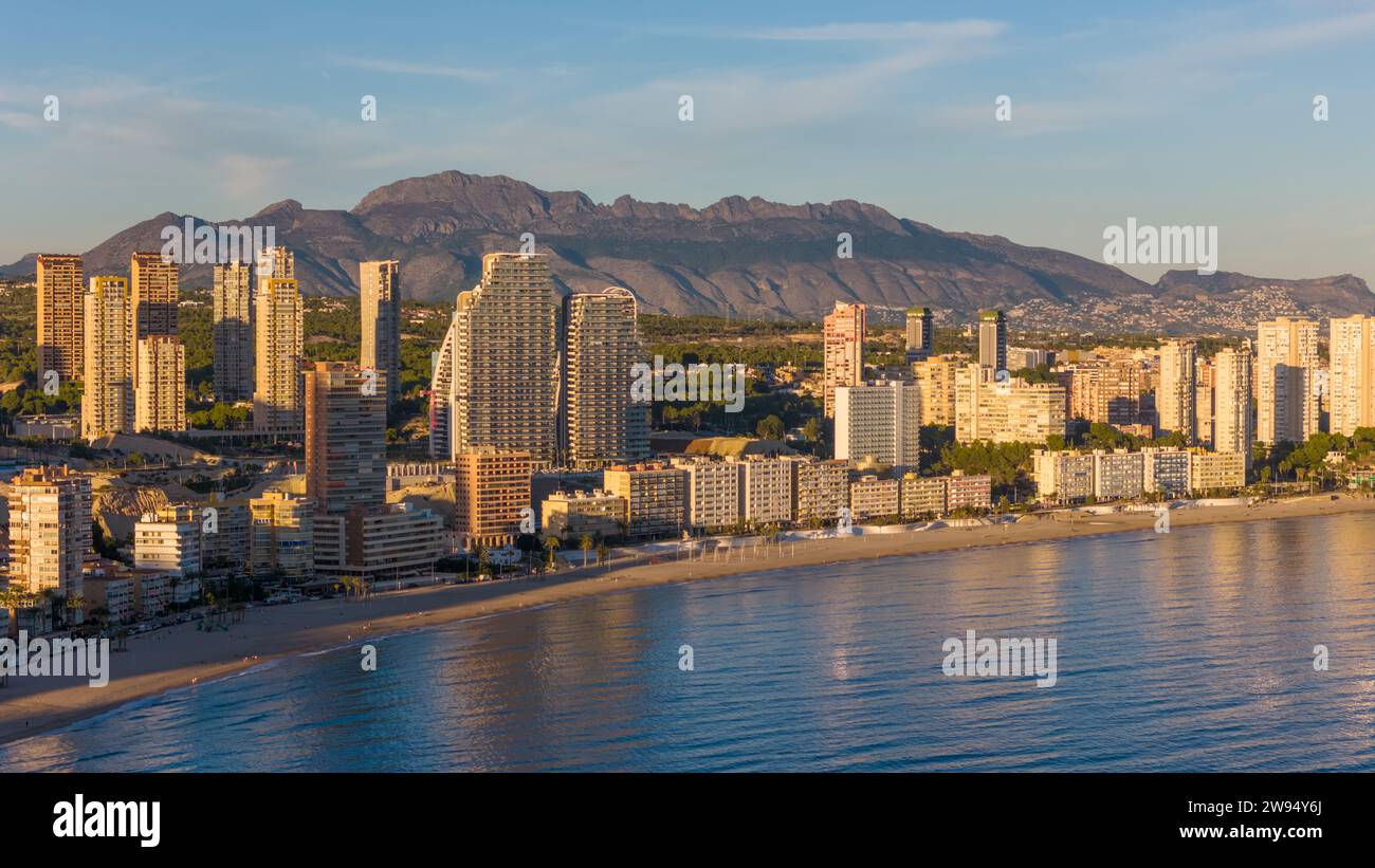 Aerial drone view of the skyline of Benidorm. Benidorm is a coastal ...