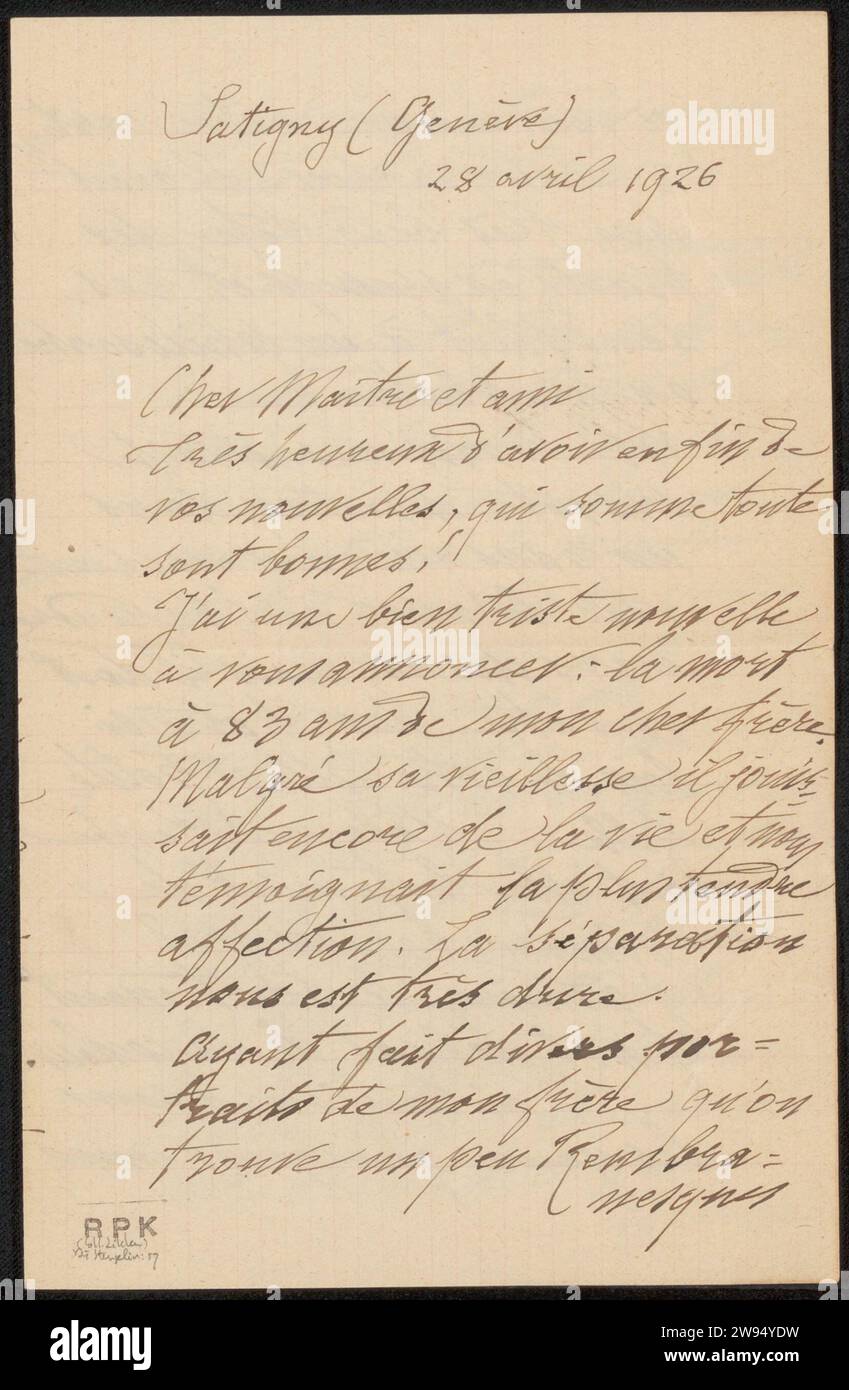 Letter to Philip Zilcken, Alphonse Stengelin, 1926 letter Satigny ink ...
