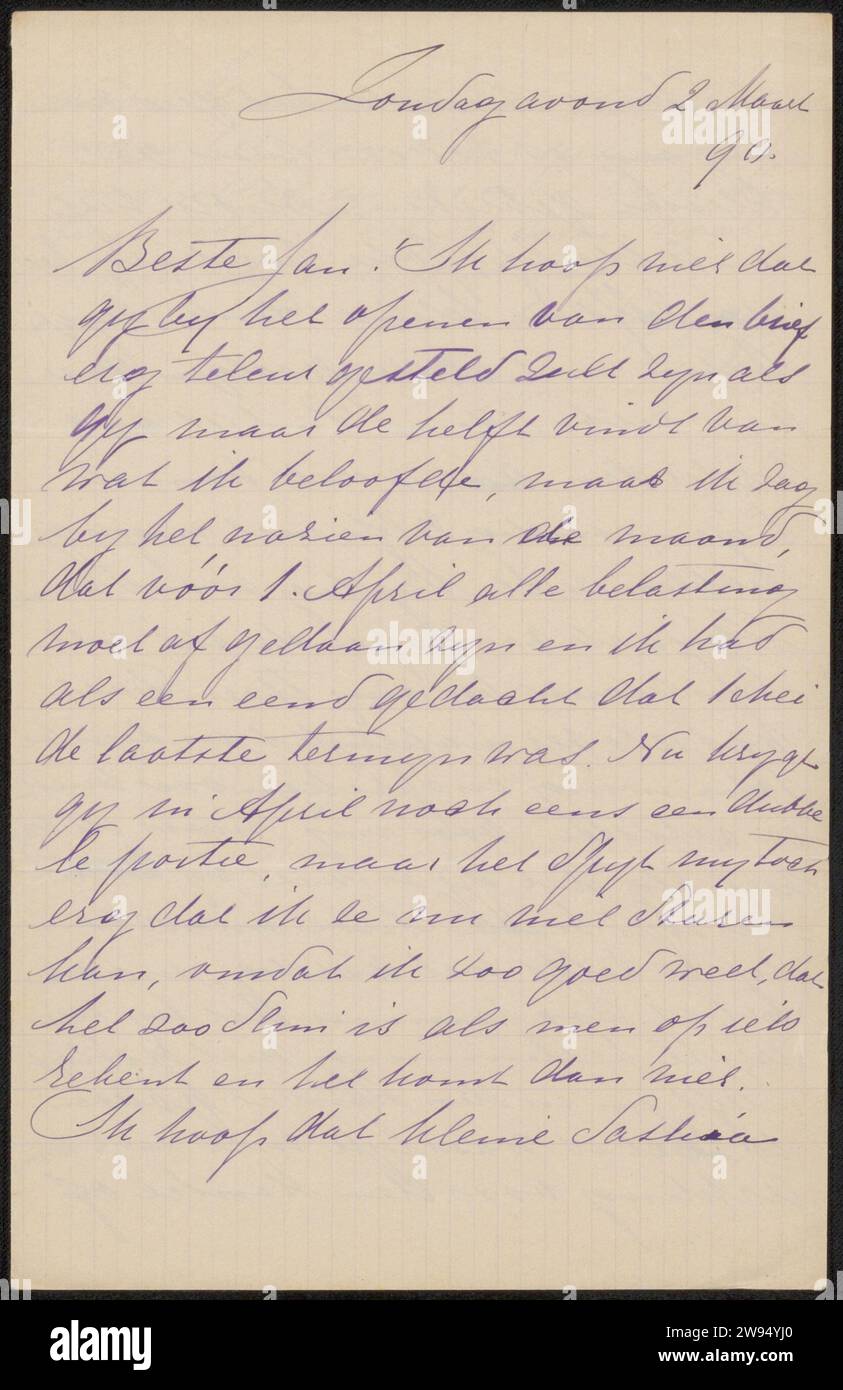 Letter to Jan Veth, Jacoba Cornelia Jolles-Singels, 1890 letter ink ...
