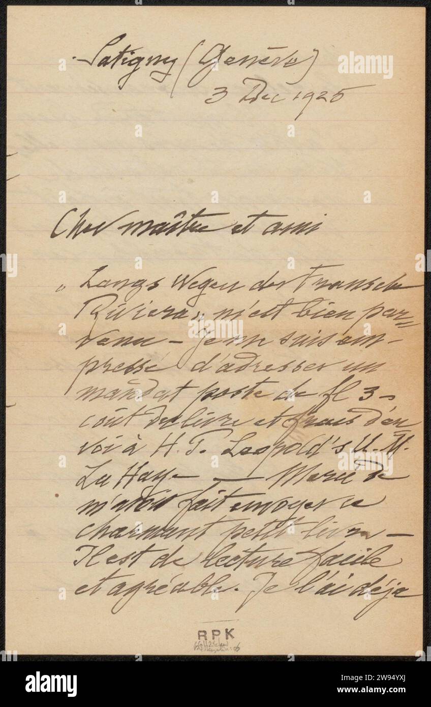 Letter to Philip Zilcken, Alphonse Stengelin, 1925 letter Satigny ink ...