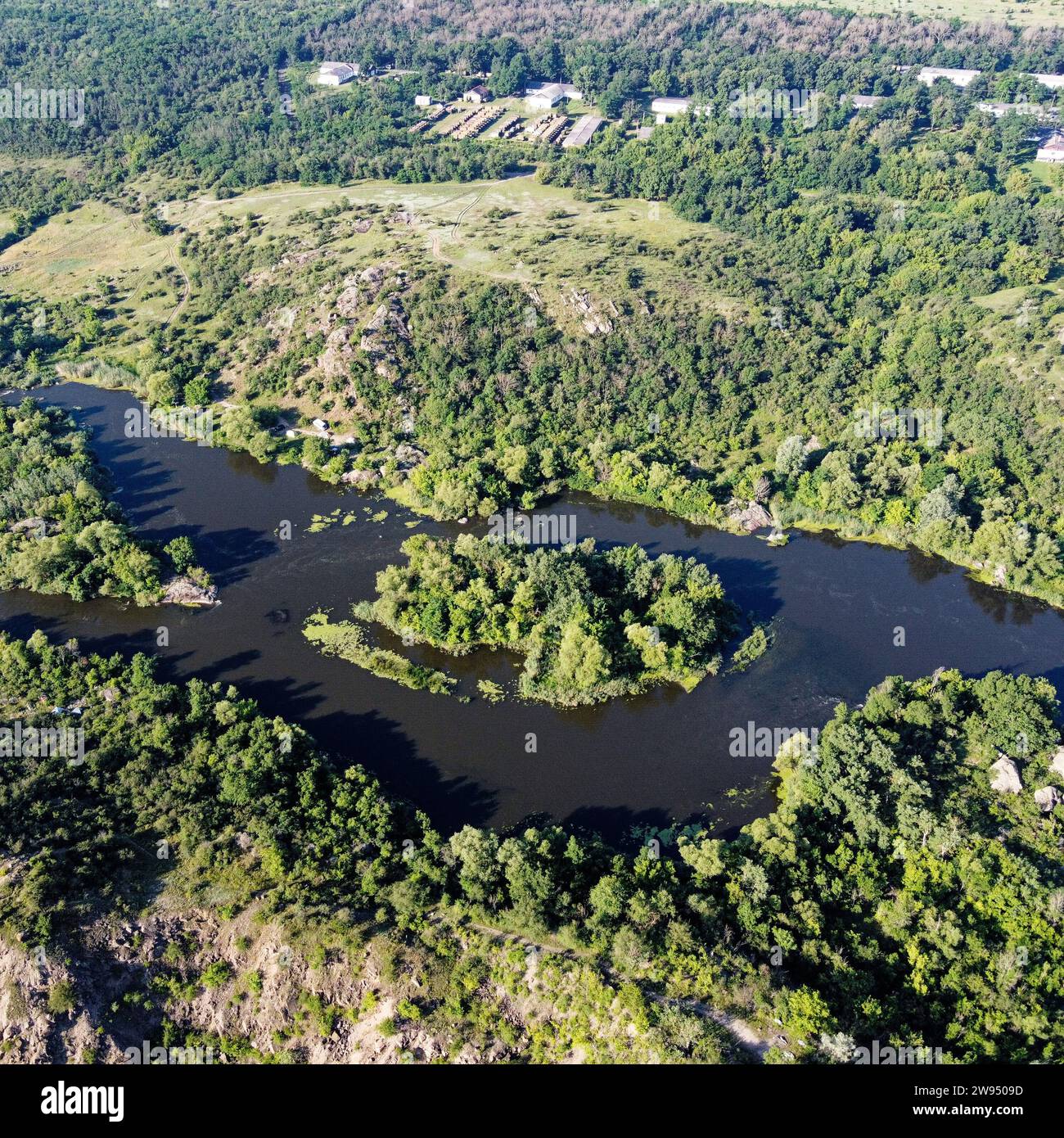 Winding bed of the Southern Bug river. River, landscape from a bird's ...