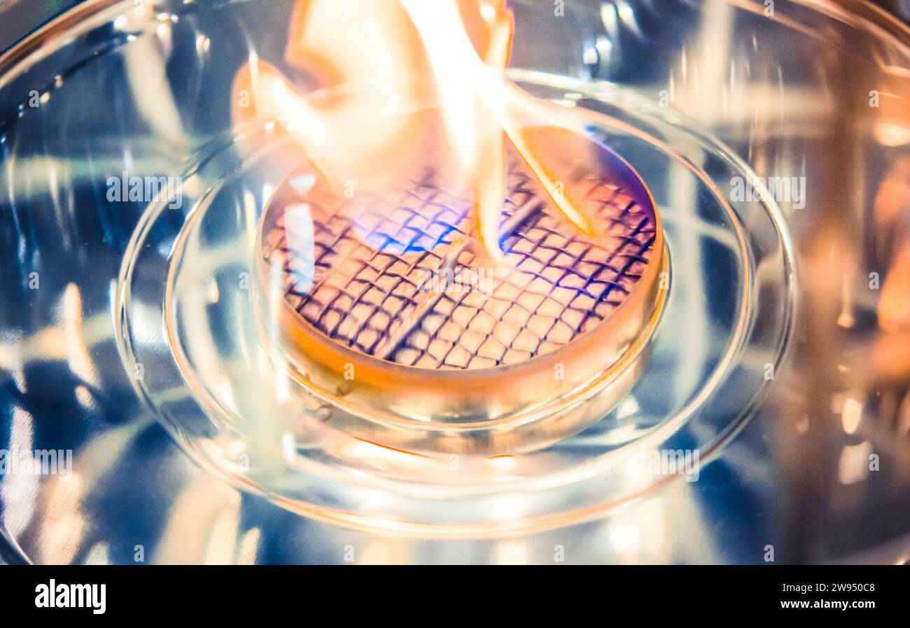 Modern bio fireplot fireplace on ethanol gas. Flame gas stove close-up ...