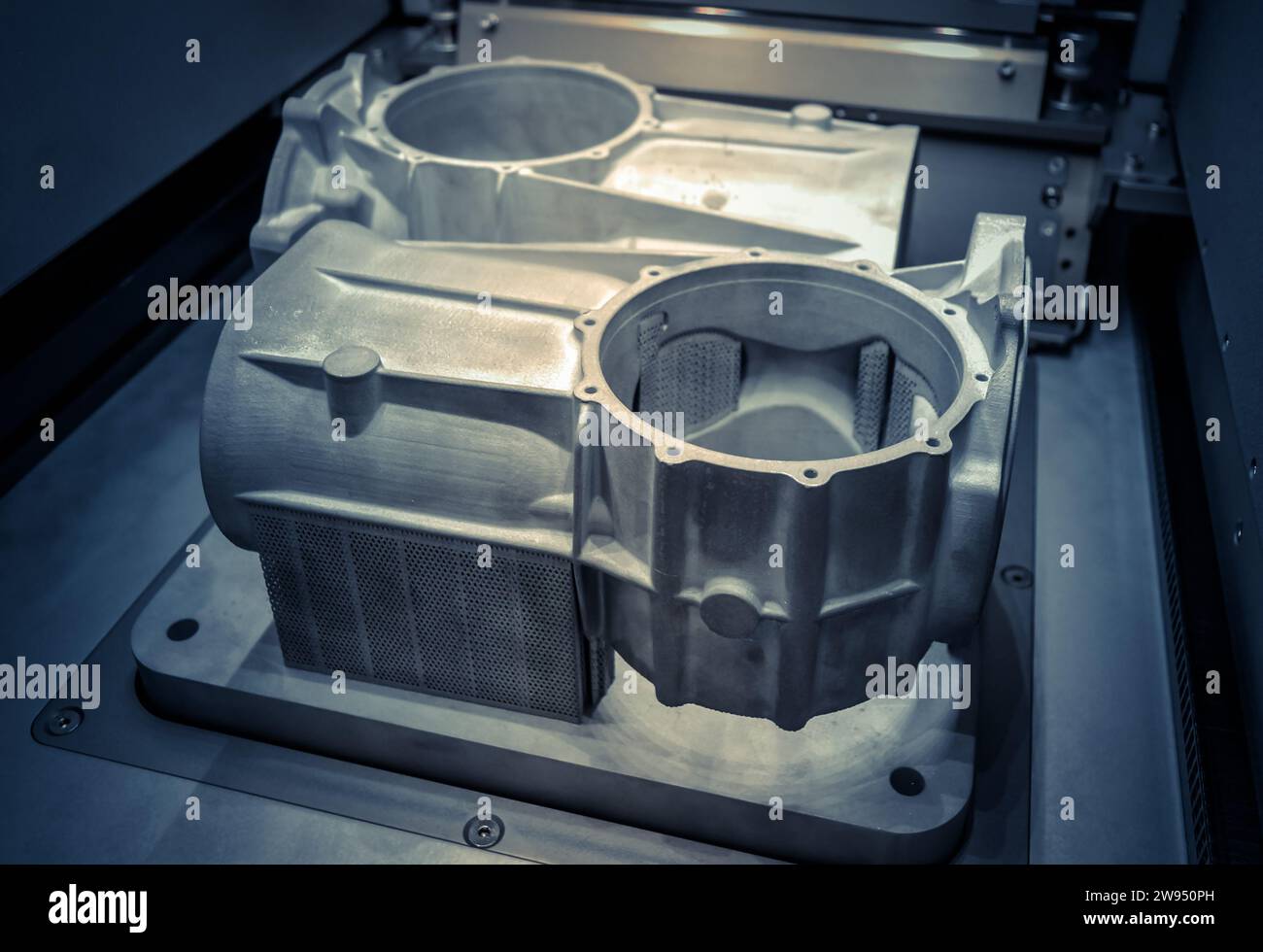 A model with supports created in a laser sintering machine stays in the ...