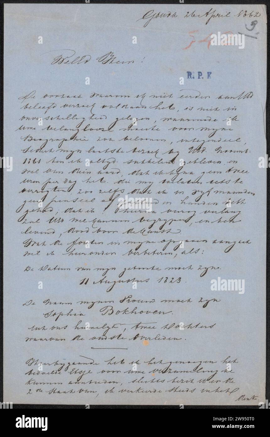 Letter to Christiaan Kramm, Gijsbertus Johannes Verspuy, 1862 letter ...