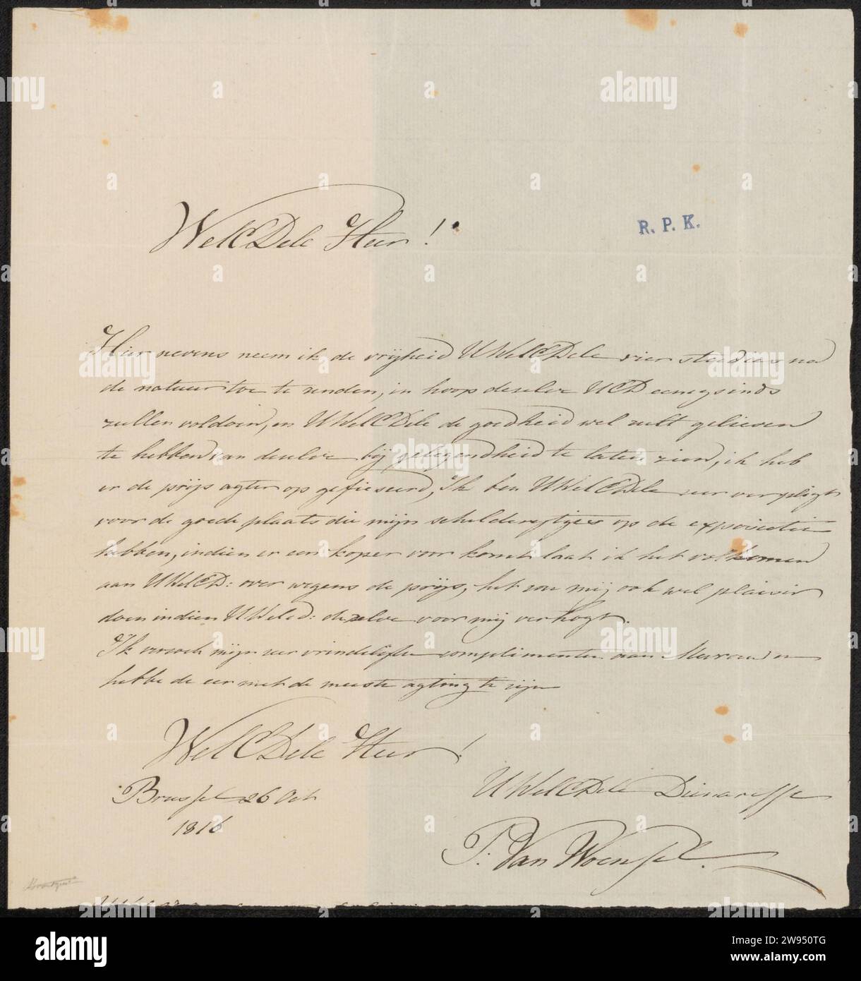 Letter to Anonymous, Petronella van Woensel, 1816 letter Brussels paper ...
