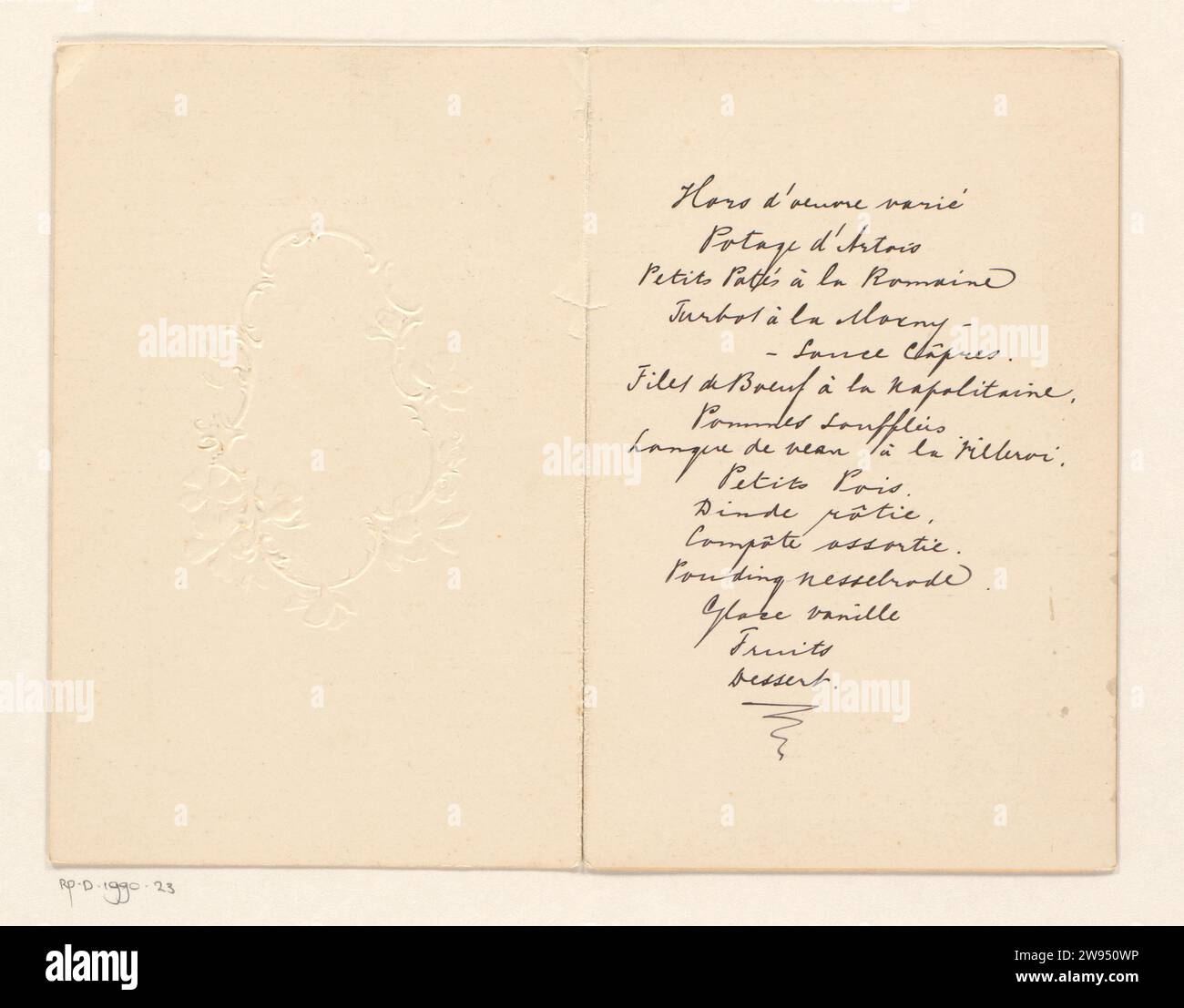 Menu for a dinner on July 27, 1899, Anonymous, Before 1899 On the front ...