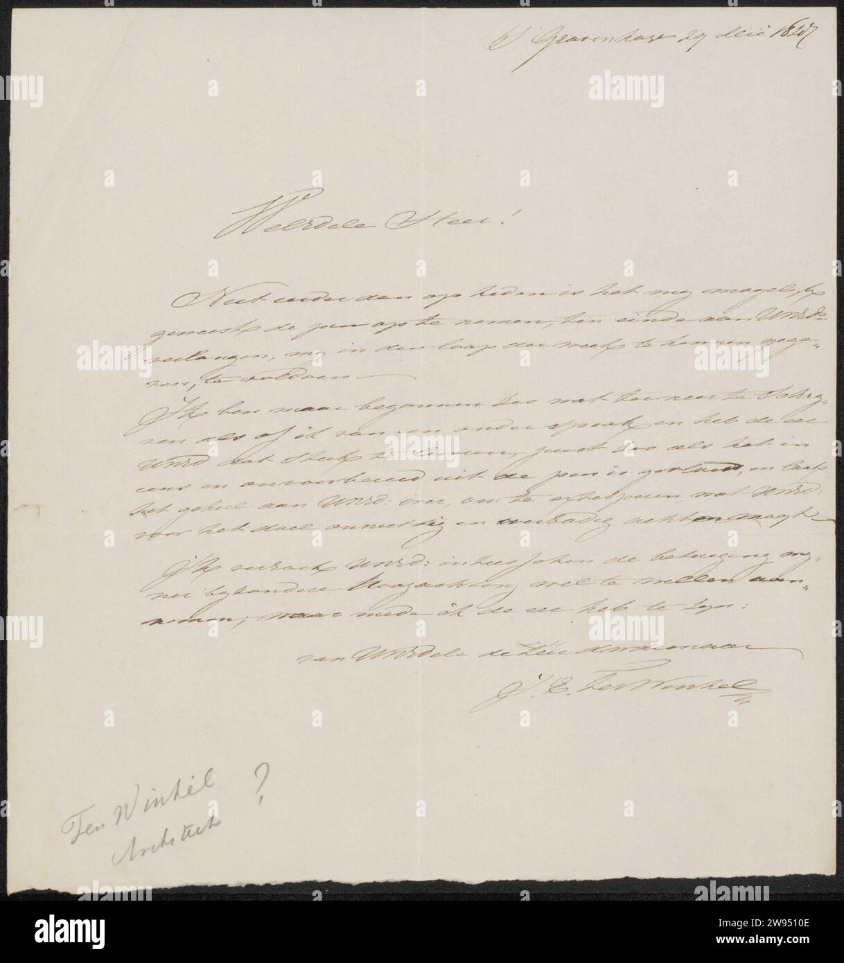 Letter to Anonymous, J.E. Ter Winkel, 1847 letter The Hague paper. ink ...