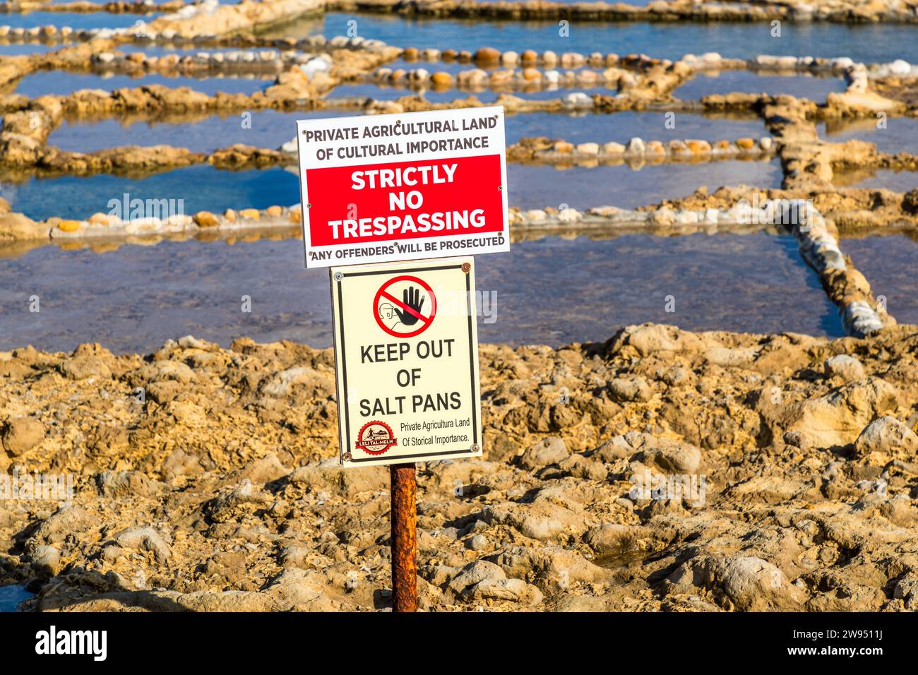Prohibition sign at the salt pans of Gozo, Xwejni Bay. Some of the salt ...