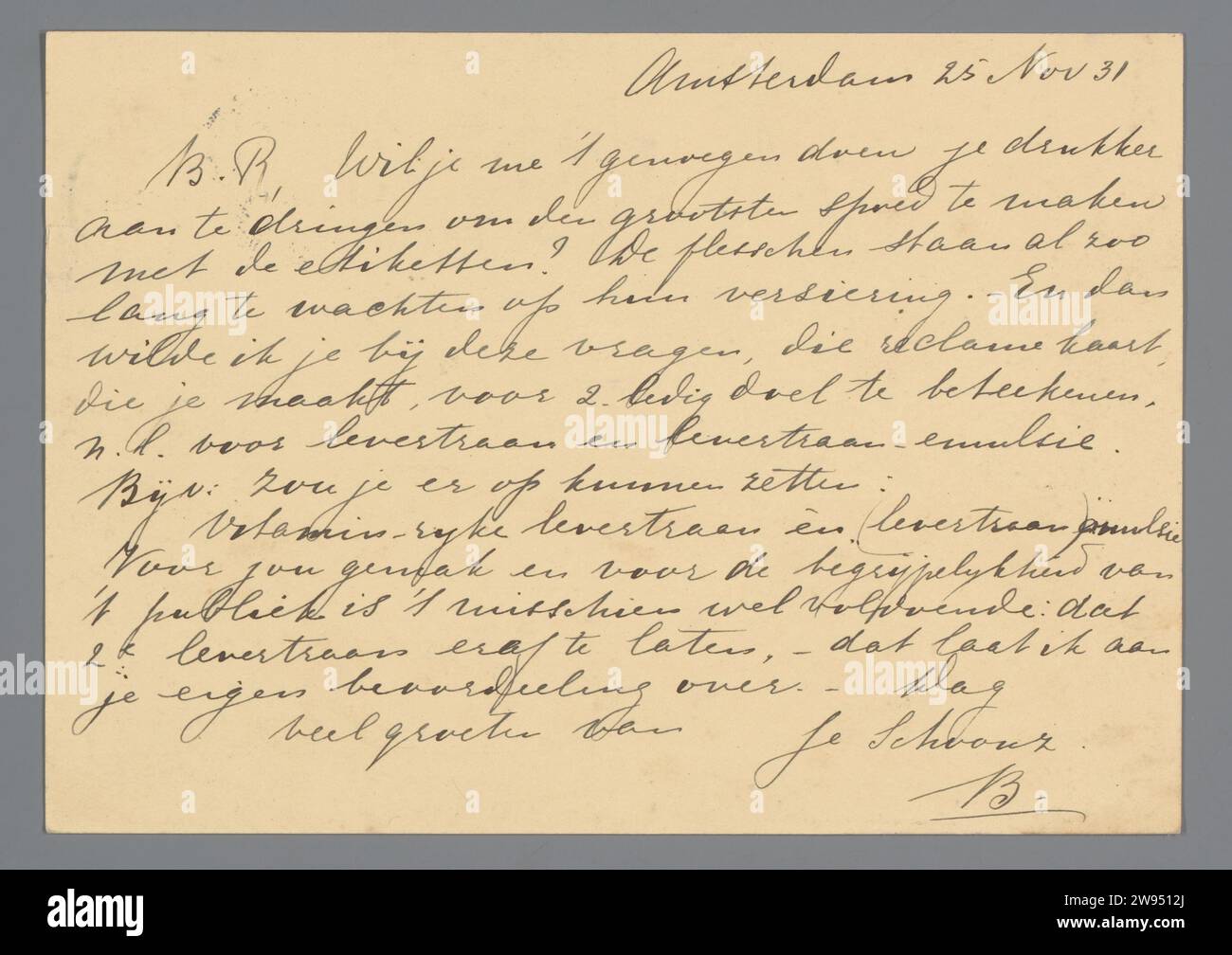 Postcard to R.W.P. de Vries Jr., widow Dr. J.F. Suyver, 1931 Amsterdam ...