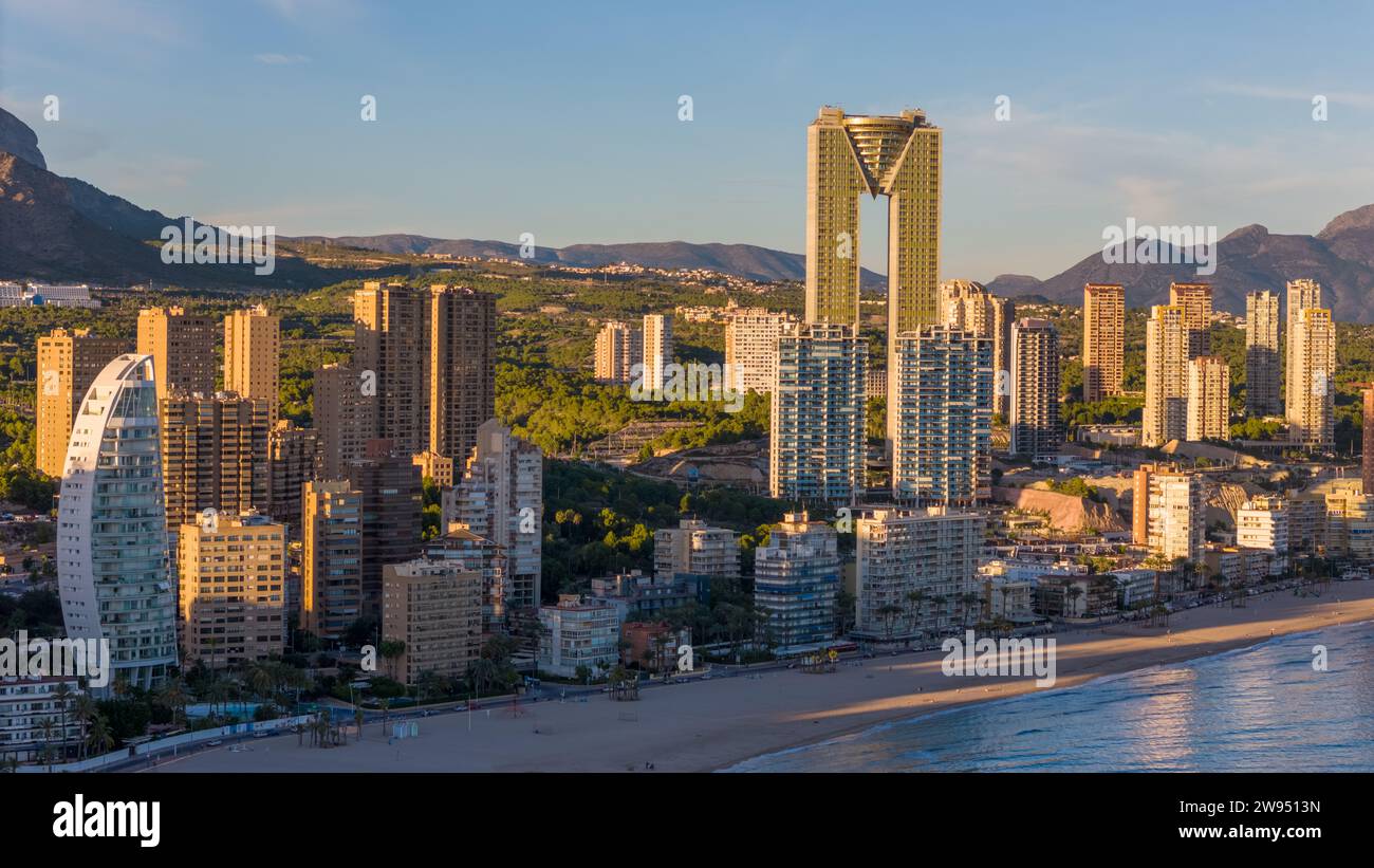 Aerial drone view of the skyline of Benidorm. Benidorm is a coastal ...