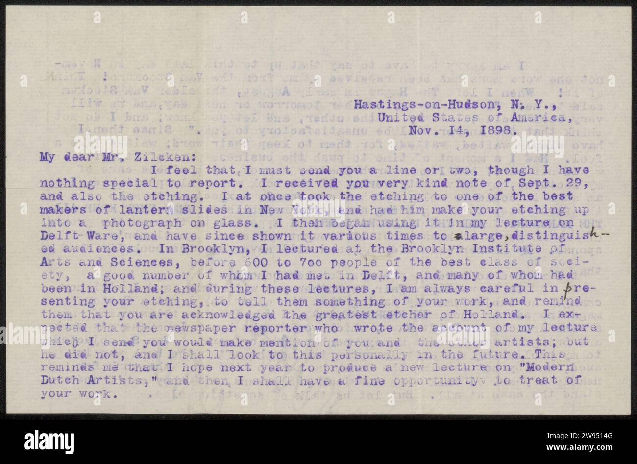 Letter to Philip Zilcken, 1898 letter Hastings-on-Hudson paper. ink ...