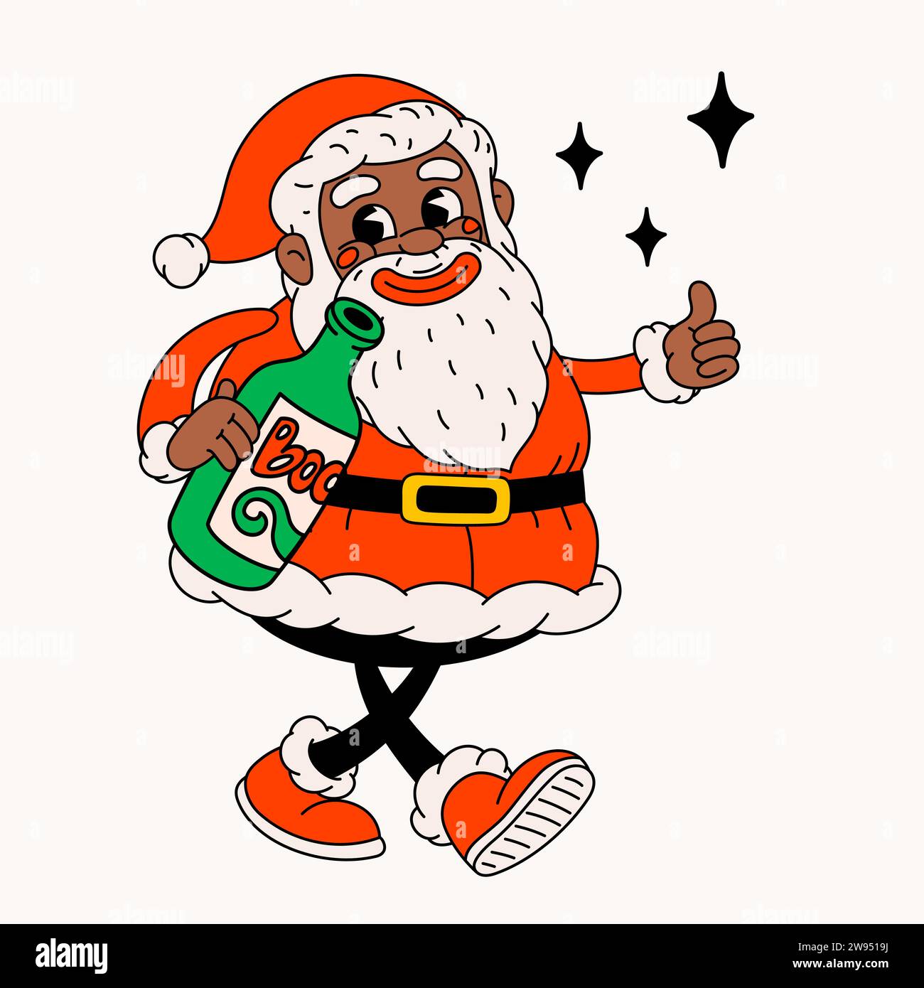 Drunk black Santa Claus. Groovy vintage funny Santa character drinking ...