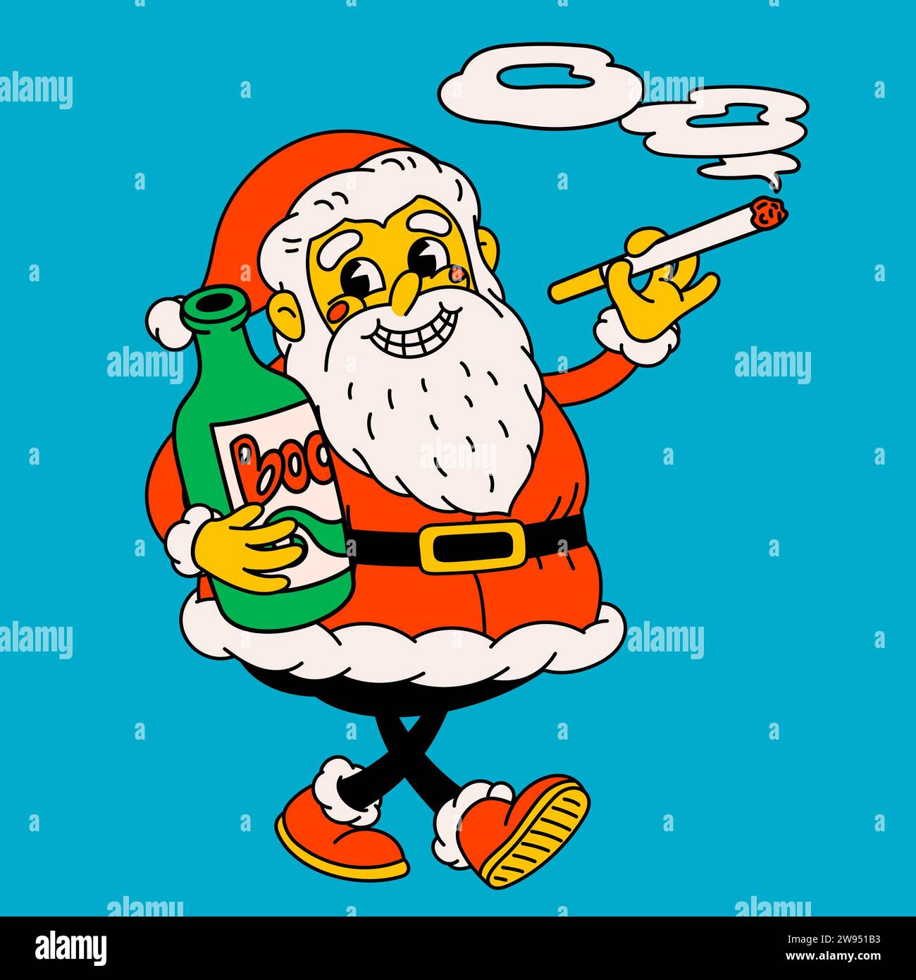 Drunk Santa Claus. Groovy vintage funny Santa character drinking ...