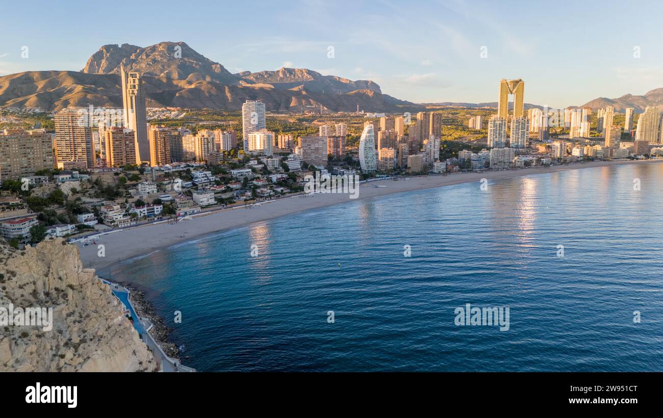 Aerial drone view of the skyline of Benidorm. Benidorm is a coastal ...