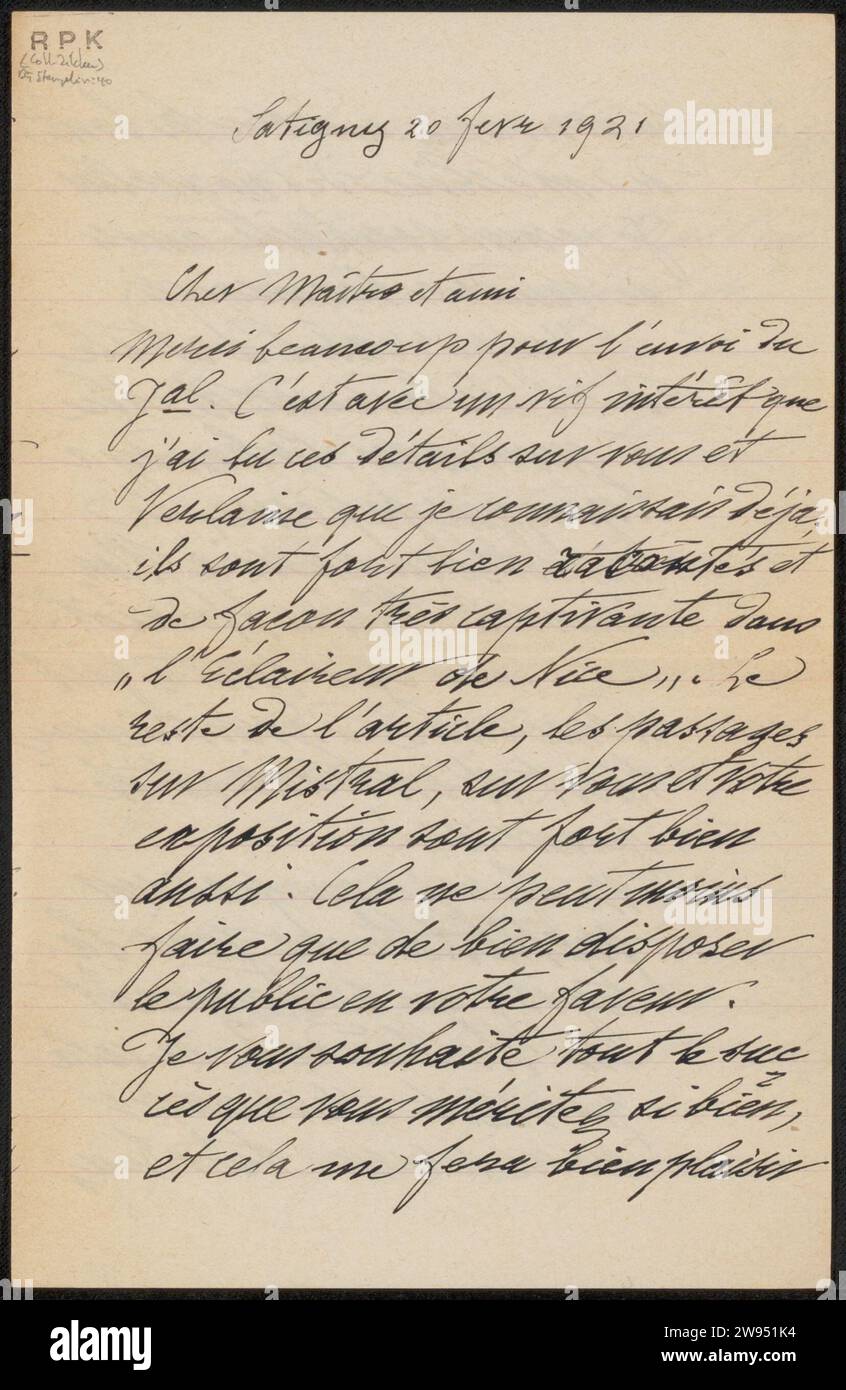 Letter to Philip Zilcken, Alphonse Stengelin, 1921 letter Satigny ink ...