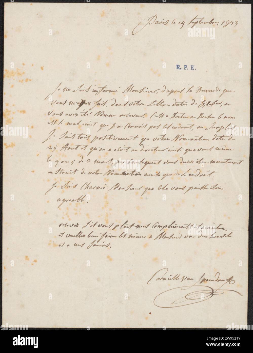 Letter to P. Collard, Cornelis van Spaendonck, 1813 letter Paris paper ...