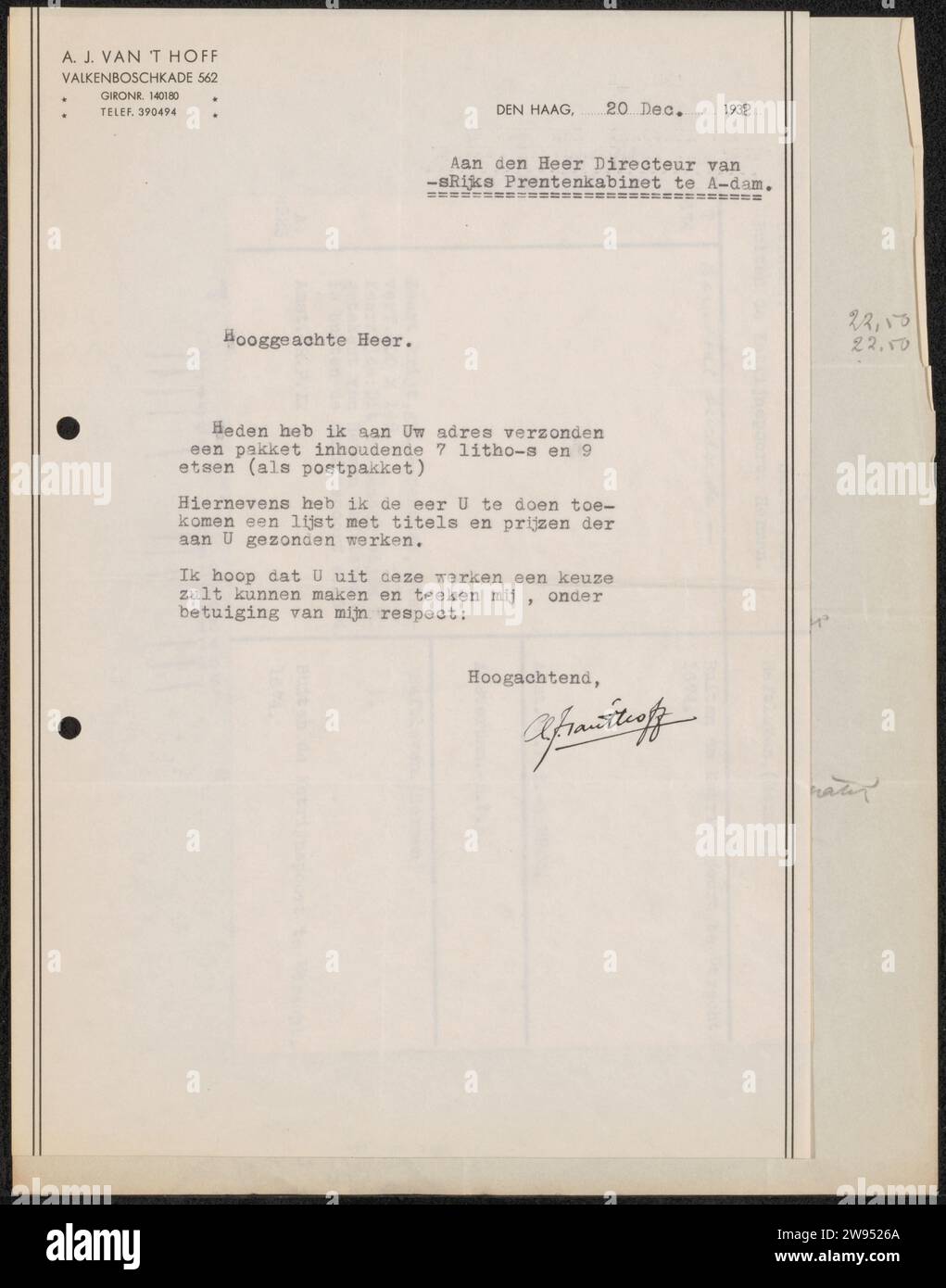 Letter to Jonkheer Hendrik Teding van Berkhout (1879-1969), Adriaan J ...