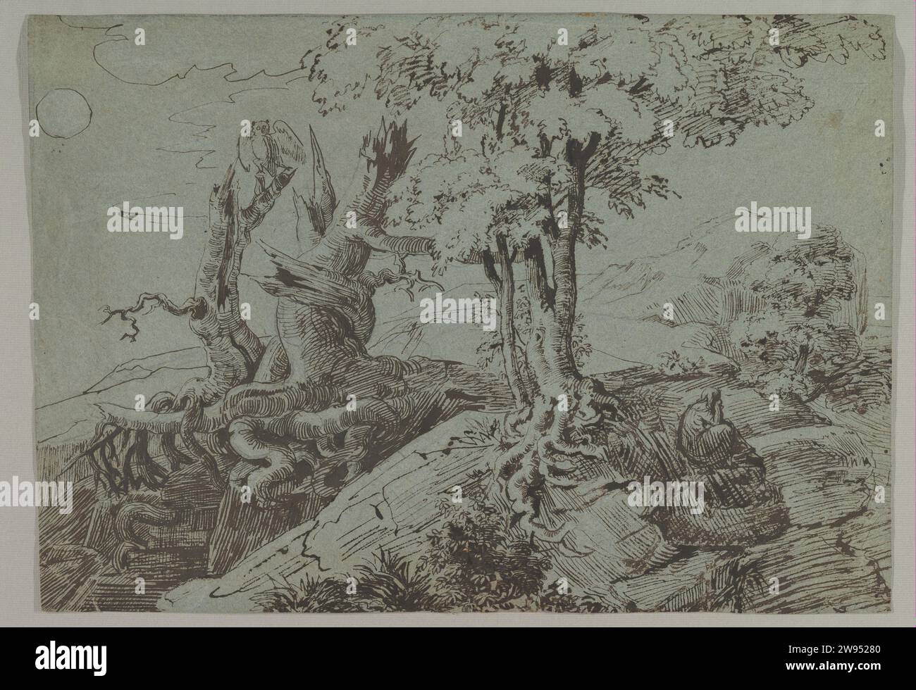 Rugged Moonlit Landscape with a Woman Seated by Gnarled Tree Roots, and ...