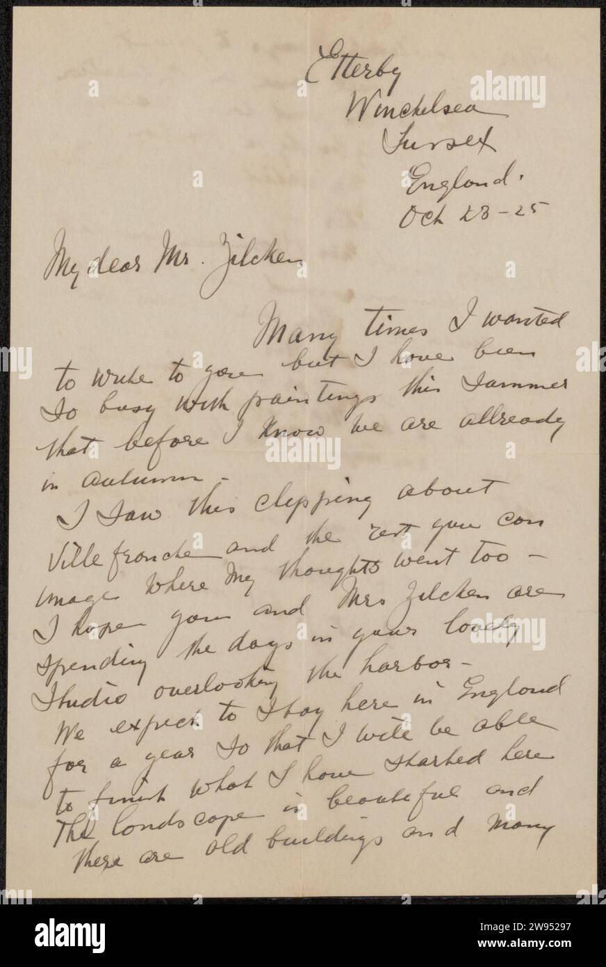Letter to Philip Zilcken, 1925 letter Winchelsea paper. ink writing ...