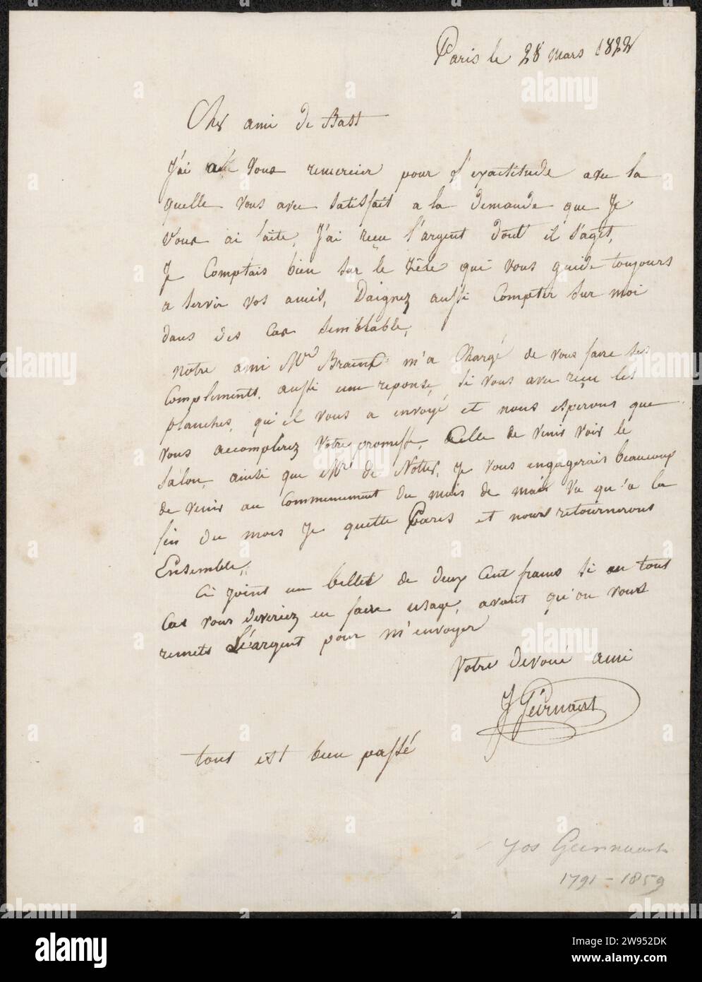 Letter to Liévin Amand Marie de Bast, Jozef Geirnaert, 1800 - 1859 ...
