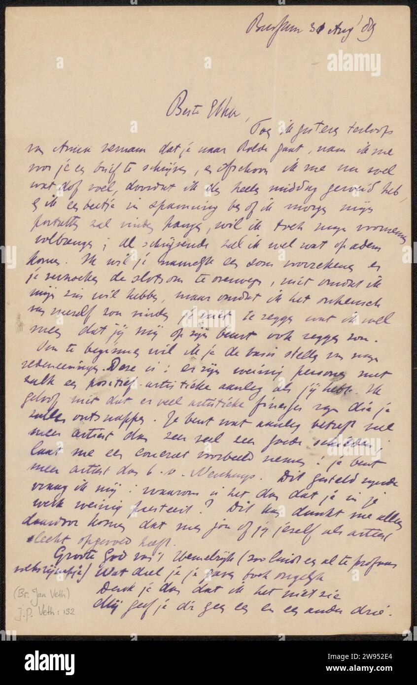 Letter to Etha Fles, Jan Veth, 1889 letter Bussum paper. ink writing ...