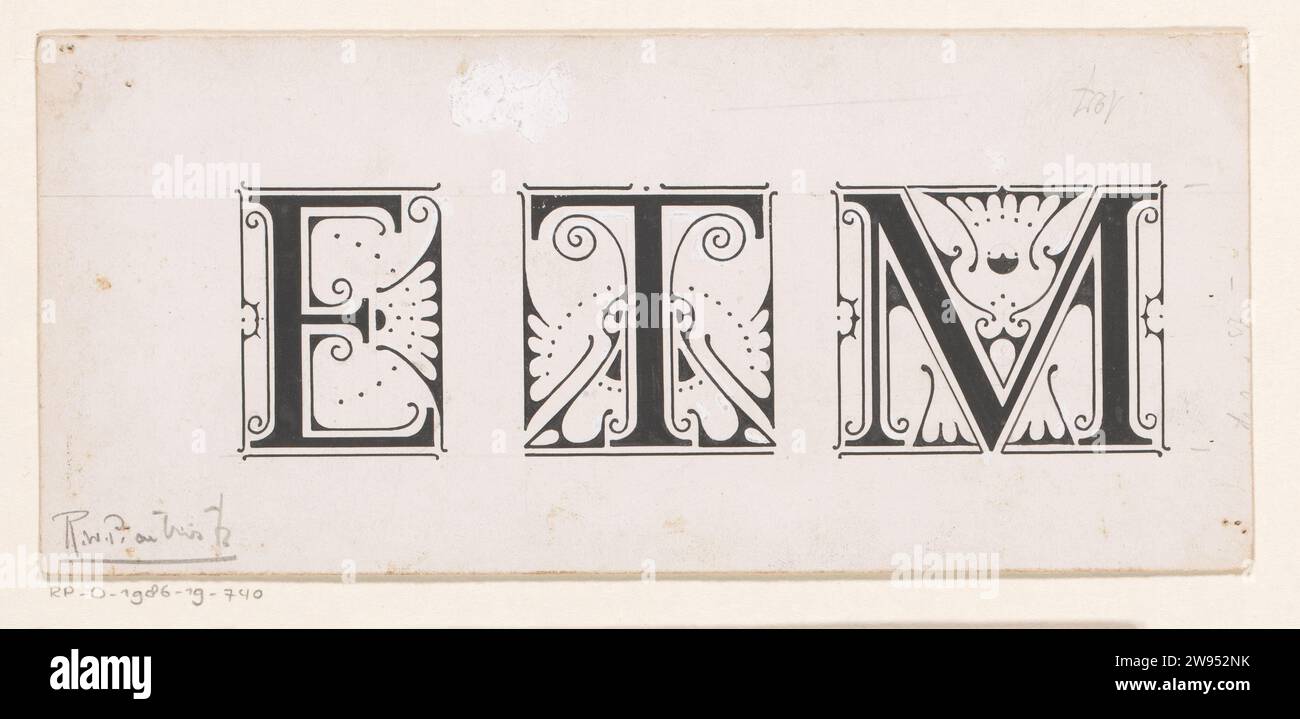 Design for the initials E, T, M, Reinier Willem Petrus de Vries (1874 ...