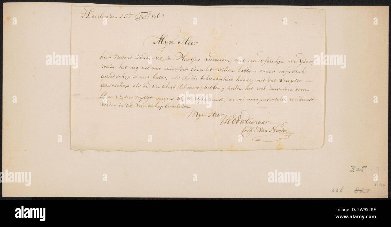 Letter to Anonymous, Cornelis van Noorde, 1763 letter Haarlem paper ...