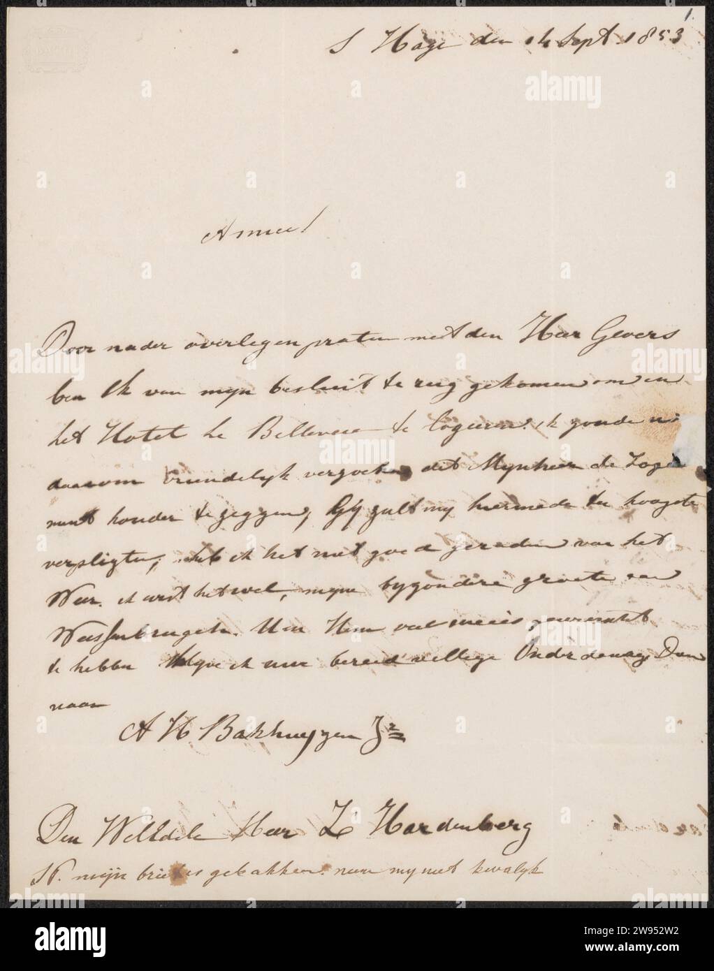 Letter to L. Harderberg, Alexander Hieronymus Bakhuyzen (II), 1853 ...