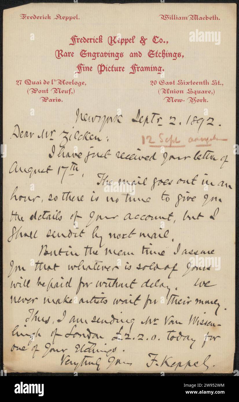 Letter to Philip Zilcken, Frederick Keppel, 1892 letter New York (city ...
