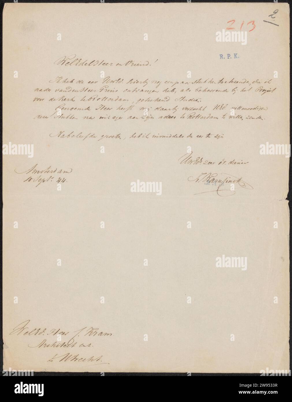 Letter to Christiaan Kramm, Isaac Warnsinck, 1844 letter Amsterdam ...