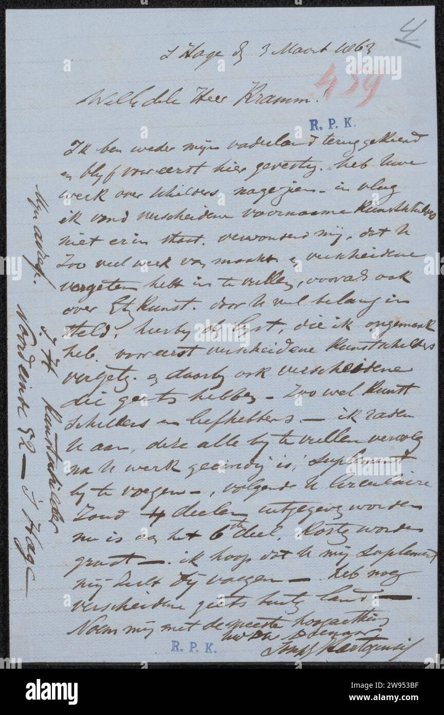 Letter to Christiaan Kramm, Joseph Hartogensis, 1863 letter The Hague ...