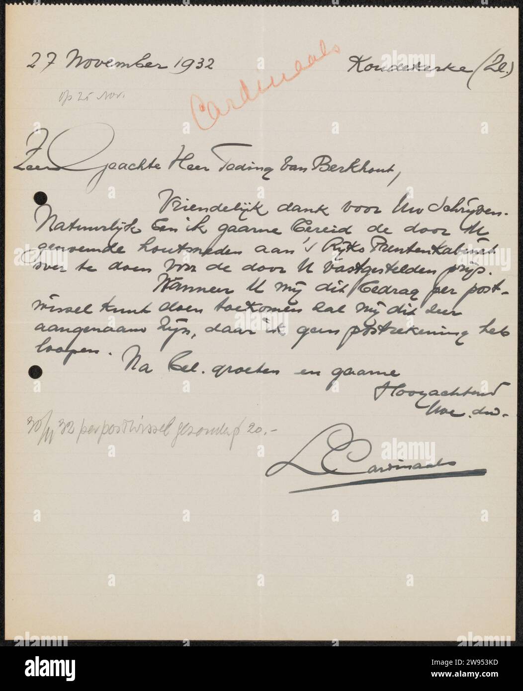 Letter to Jonkheer Hendrik Teding van Berkhout (1879-1969), Louis ...