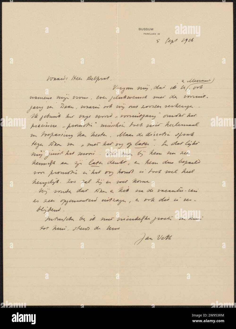 Letter to C.C. Delprat, Jan Veth, 1916 letter Bussum ink writing ...