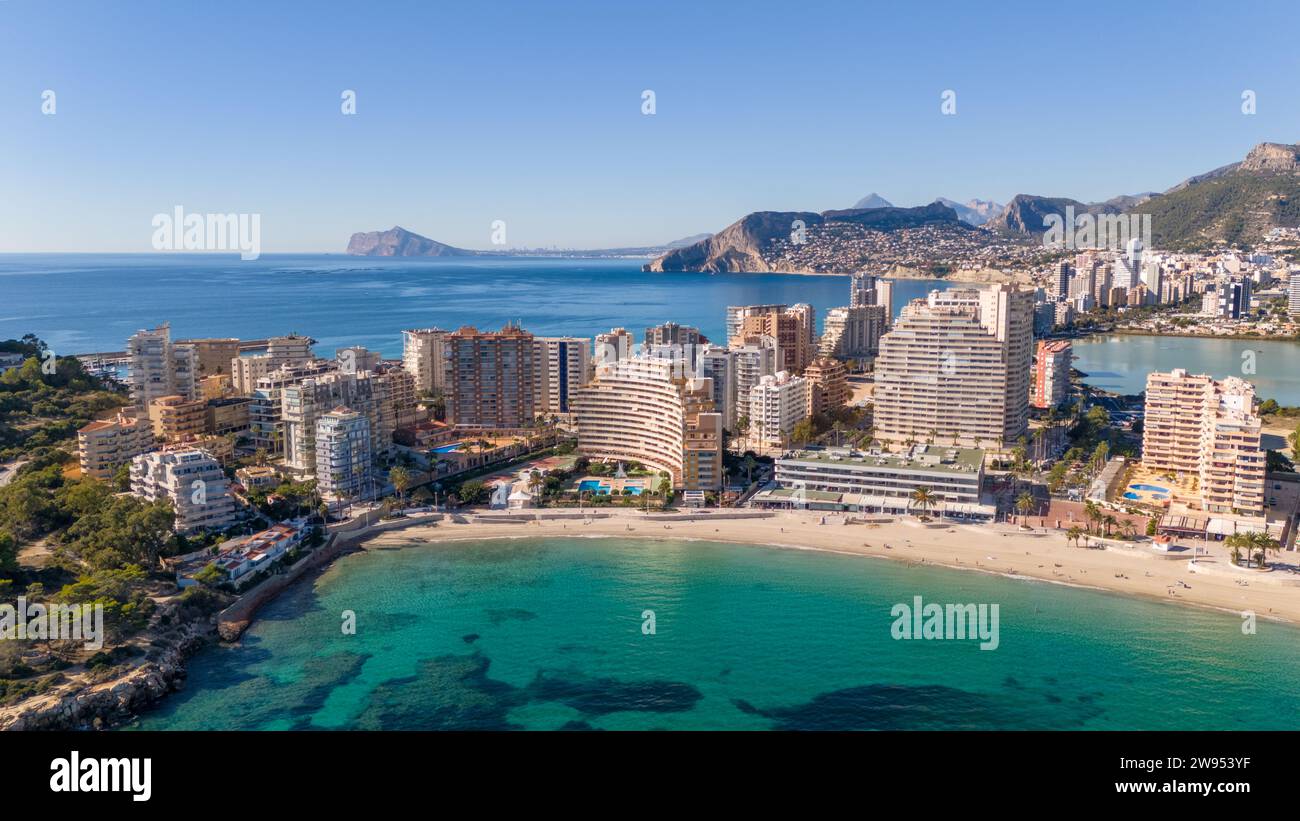 Aerial drone photo of the Spanish coastal town named Calpe in the Costa ...