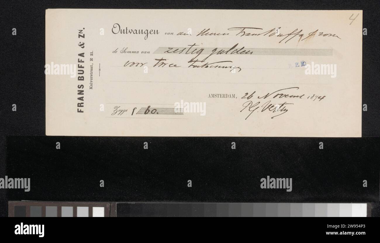 Receipt for Petrus Gerardus Vertin, Frans Buffa and Sons, 1874 ...