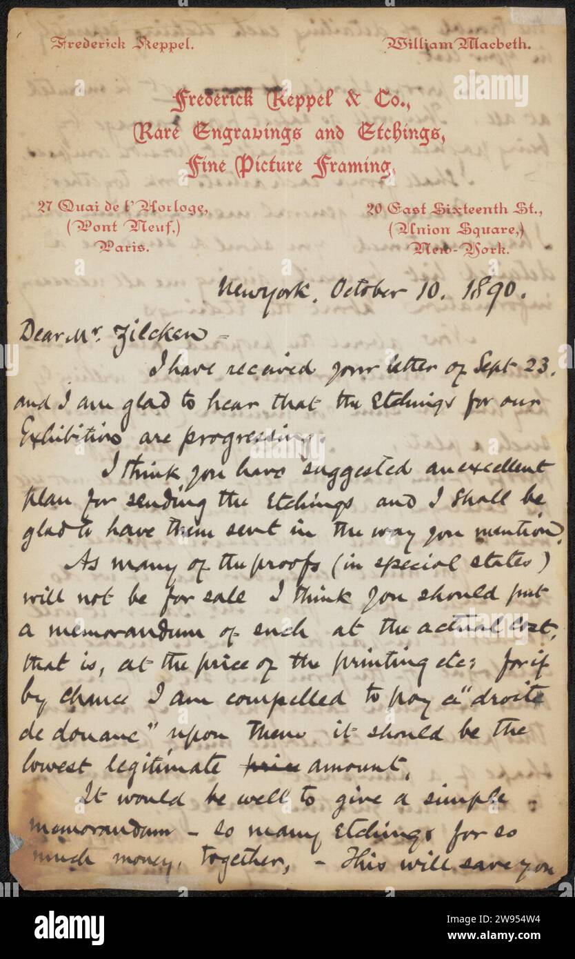 Letter to Philip Zilcken, Frederick Keppel, 1890 letter New York (city ...